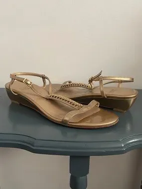 Stuart Weitzman | Shoes | Stuart Weitzman Metallic Gold Tstrap Chain ...